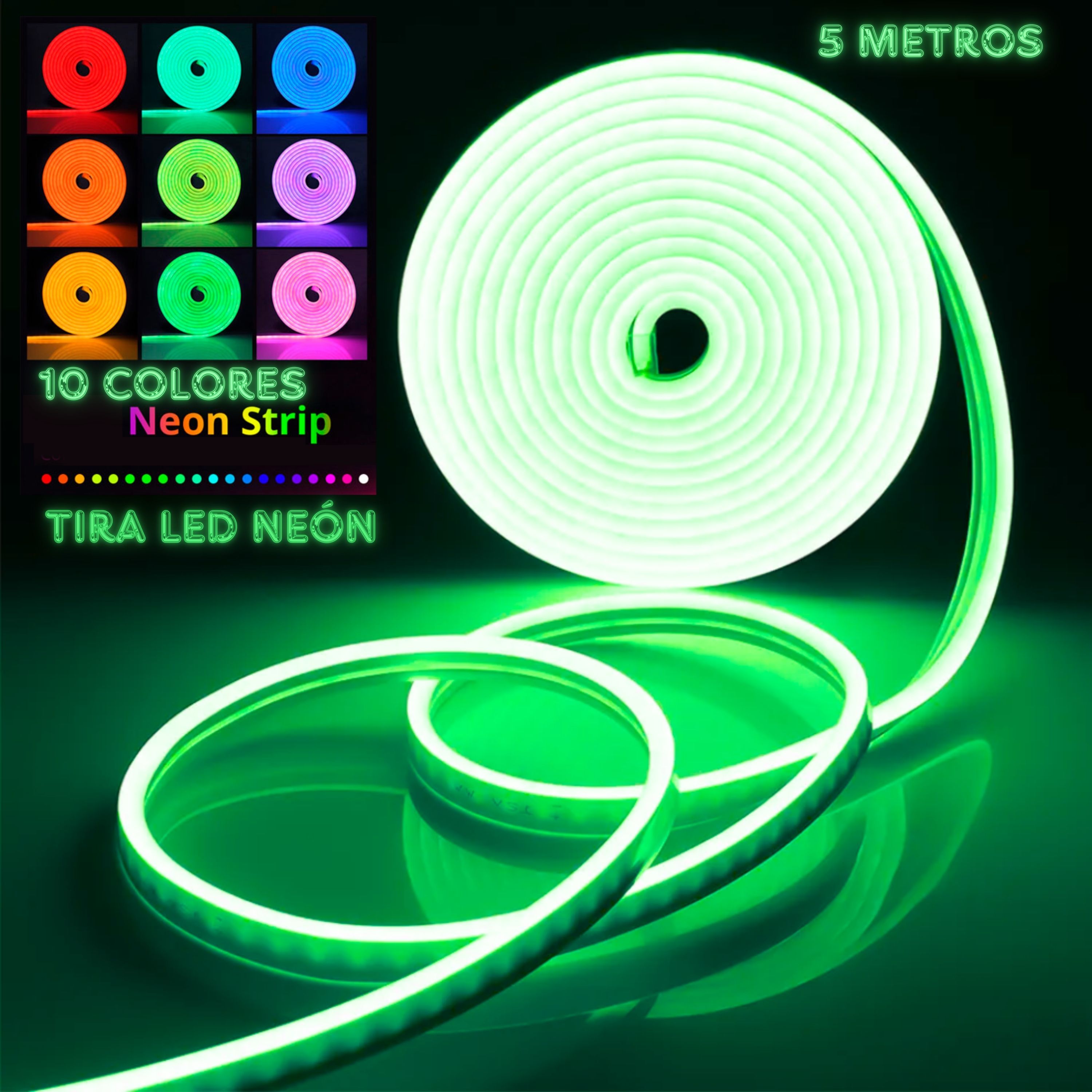 Tira Led Neón Flex Unicolor Decorativa 5 Metros Con Fuente De